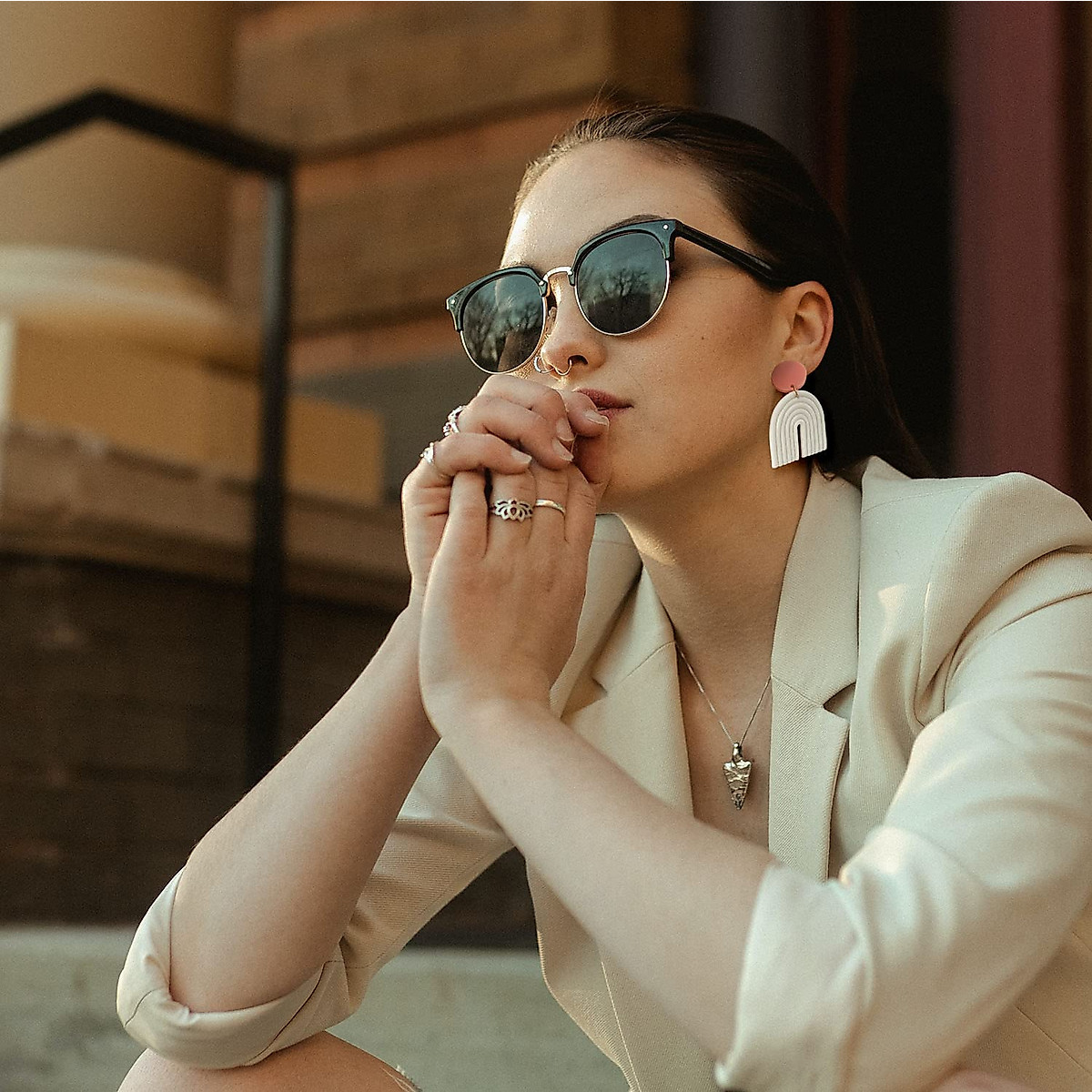 Polymer Clay Multi-colors Pure Colors Rainbow Earrings for Women,Lightweight Clay Cute U-shaped Big Geometric Fan Earrings Sterling Silver Stud,Statement Fun Fashion Jewelry(cute white)