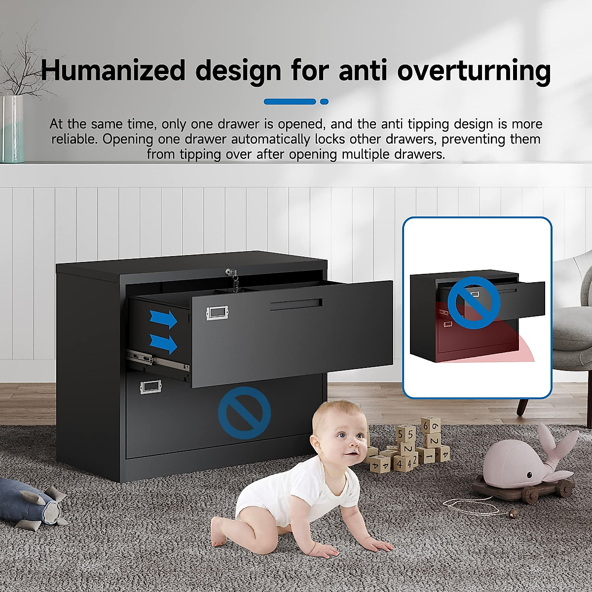 BYNSOE 2 Drawer Lateral File Cabinet Metal Filing Cabinet with Lock Office Home Steel Lateral File Cabinet for A4 Legal/Letter Size Lockable Wide Metal Cabinet,Assembly Required(2 Drawer, Black)