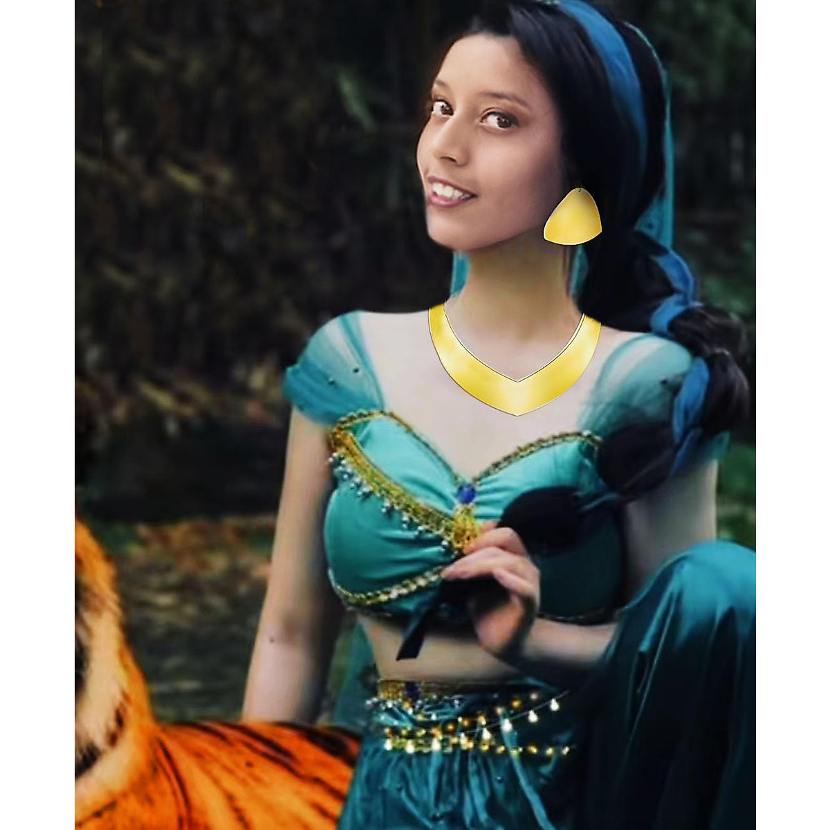 Gifytel Halloween Costume Princess Gold Necklace and Earrings Collar Bib Simple Statement Necklace Jewelry Dangle Large Big Teardrop Earrings Party Costumes Accessories for Women