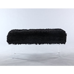 Iconic Home Trento Modern Contemporary Faux Fur Acrylic Leg Bench, Black