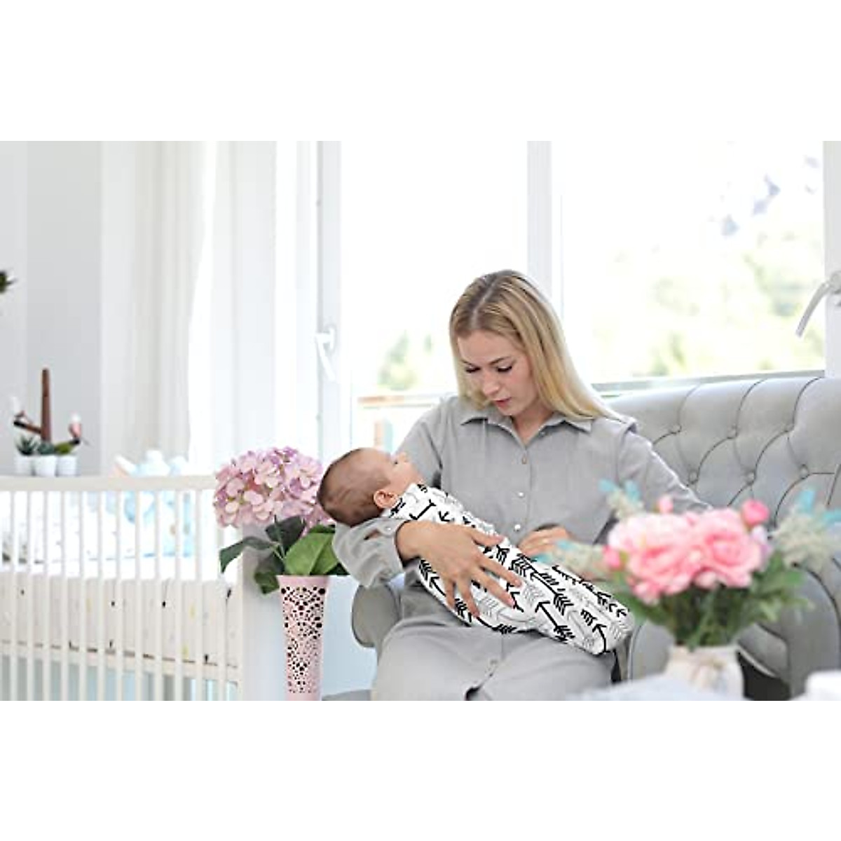 BaeBae Goods Swaddle Blanket, Adjustable Infant Baby Swaddling Wrap Set of 4, Baby Swaddling Wrap Blankets for Boys and Girls Made in Soft Cotton (0-3 Months, Black/Grey Triangles)