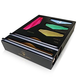 Graceful Grove Bamboo Food Bag Organizer: Kitchen Drawer Organizer with Wrap Dispenser and Cutter - Foil and Plastic Wrap Holder - Fits Gallon, Quart, Sandwich, Snack Bags, and 12" Rolls (Black)
