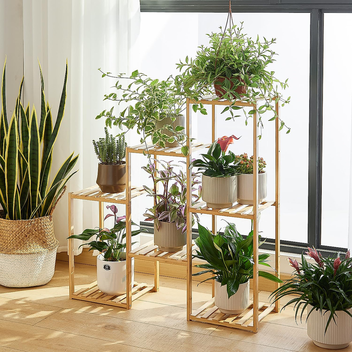 Plant Stand Indoor Plant Stands Bamboo Outdoor Tiered Plant Shelf for Multiple Plants, 3 Tiers 7 Potted Ladder Plant Holder Table Plant Pot Stand for Window Garden Balcony Living Room Corner (Natural)