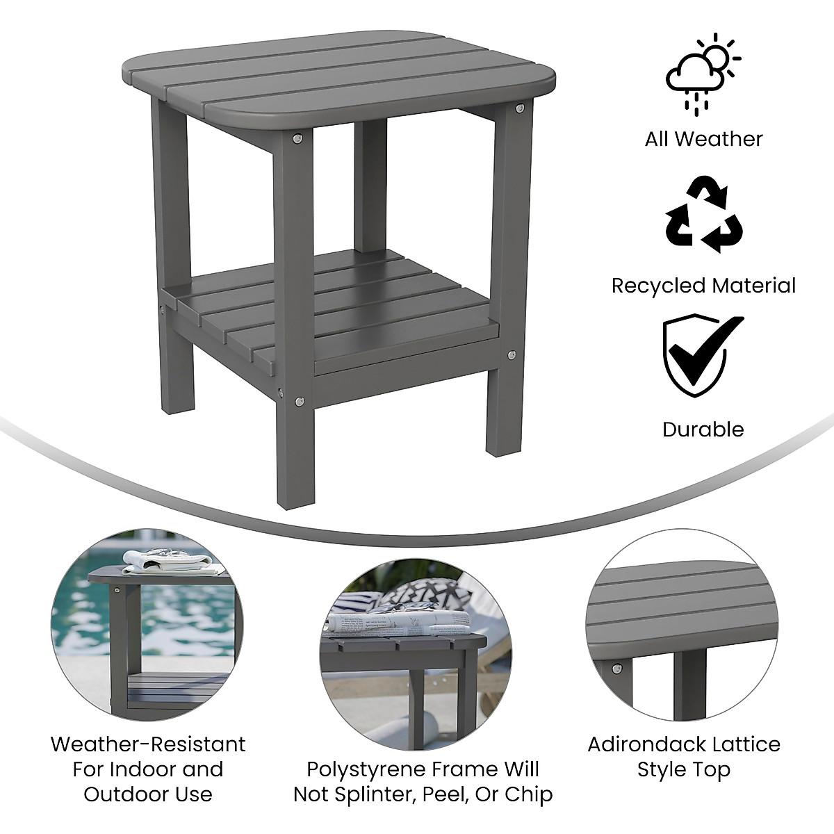 Flash Furniture Newport 2-Tier Adirondack Side Table - Recycled HDPE All-Weather Materials - Indoor/Outdoor - Gray