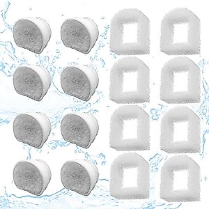 16 Pack Pet Fountain Filter Replacement,8 Carbon Filters and 8 Foam Pre-Filter Replacement Compatible with Multiple Pet Water Dspensers Water Bowl