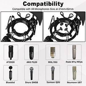 Mictop Universal Microphone Shock Mount with Pop Filter for All Microphones Size at 21mm-62mm, Includes Anti-Vibration Mic Holder and Pop Filter (Black)