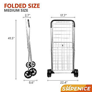 supenice Grocery Utility Shopping Cart - Deluxe Utility Cart with Oversized Basket and Tool Free Installation Light Weight Folding Cart with Wide Cushion Handle Bar for Laundry Book Luggage Travel