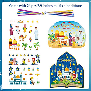 Eid Mubarak Craft Kits Kids Mosque Scene Stickers Muslim Eid Ramadan Sticker Bulk Gift Hanging Ornament Decoration for Eid Al Fitr Party Class Activities, 2 Styles (48 Pack)