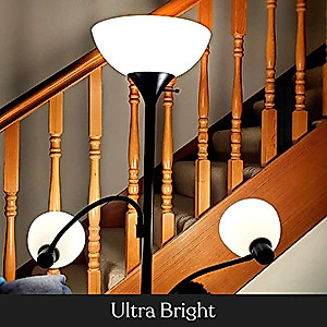 Brightech Sky Dome Double LED Floor lamp, Torchiere Super Bright Floor Lamp with 2 Reading Lamps for Living Rooms & Offices - Dimmable Tall Standing Lamp for Bedroom Reading - Tall Black Pole