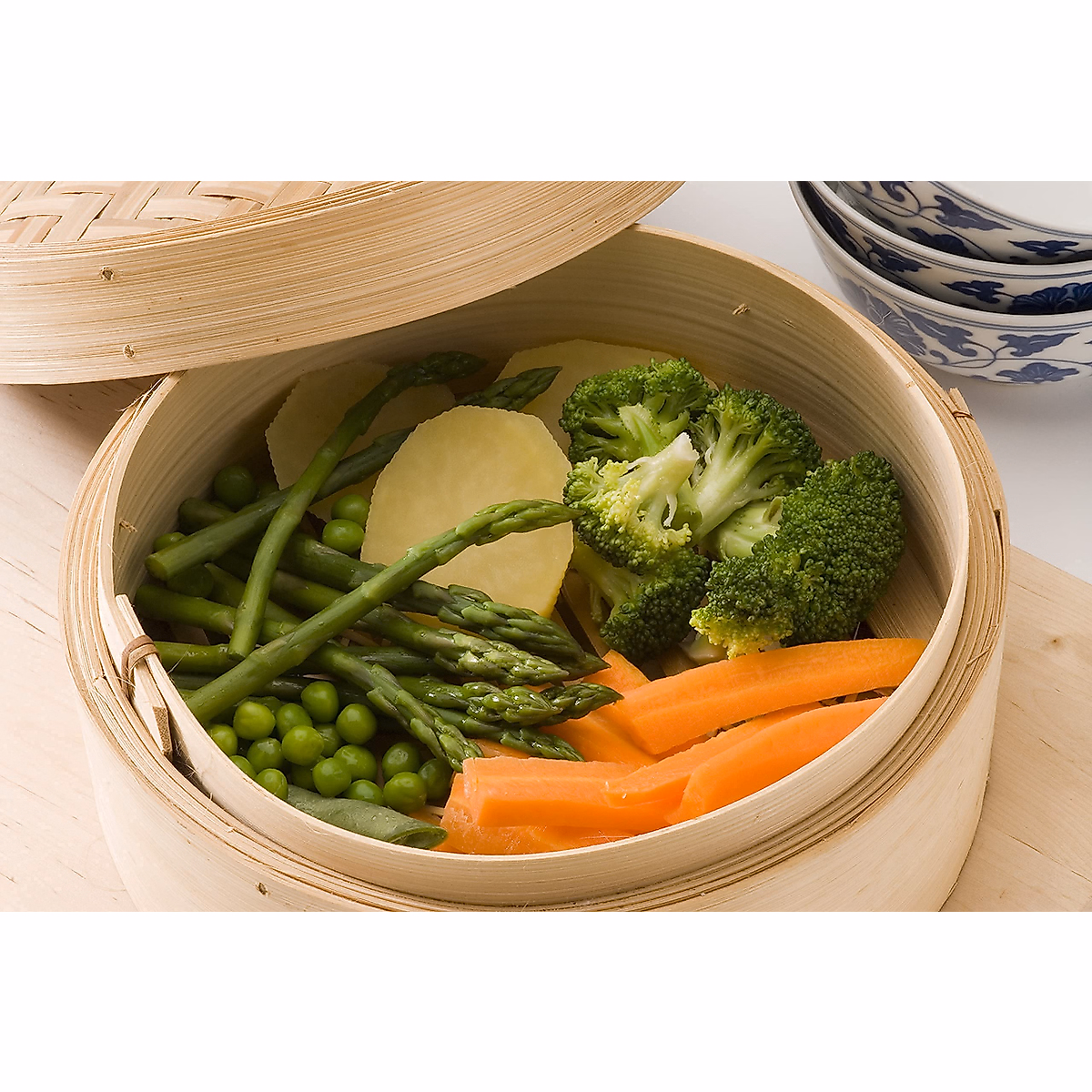 Bamboo Steamer for Cooking 10” -by DoSensePro Includes 2 Tiers, Stainless Steel Dumpling Maker, Liners, Ceramic Dish, and Bamboo Tongs. Dumpling Steamer Basket Cooker for Healthy Low-Fat Diet