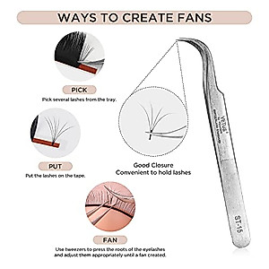 BEYELIAN Eyelash Extension Tweezers, Professional Lash Tweezers for Make Fans Volume Lashes, Curved Tip Stainless Steel Tweezers ST-15
