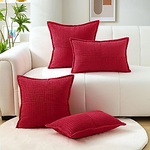 Ikuoic Red Decorative Throw Pillow Covers 20x20 Inch Set of 2,Square Cushion Case,Soft Cozy Corduroy Striped Fabric,Modern Home Decor for Couch,Bed