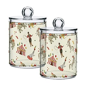 Watercolor Circus Animals Qtip Holder Dispenser Clown Tent Bathroom Canister Storage Organization 4 Pack Clear Plastic Apothecary Jars with Lids Vanity Makeup Organizer For Cotton Swab Ball Floss