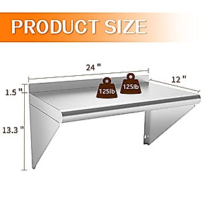 HOCCOT Wall Stainless Steel Shelf 12 x 24”, Heavy Duty 250 lb Metal Shelf, Commercial Wall Mounted Floating Shelving for Kitchen, Restaurant, Food Truck, Garage, Laundry Room