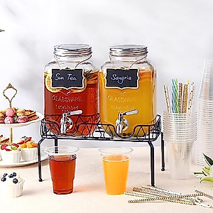 1-Gallon Glass Drink Dispenser with Stand and Lid, 18/8 Stainless Steel Spigot, [2 Pack] Glass Beverage Dispensers for Parties - Mason Jar Drink Dispensers with Lids, Wooden Chalkboards