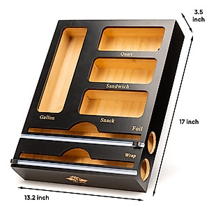 Tidy Hero - Ziplock Bag Organizer with Foil and Wrap Dispenser - 6 IN 1 Luxury Bamboo Plastic Bag Organizers with Cutter for Kitchen Drawers, Kitchen Organization Gadgets for Home, Gift, Black