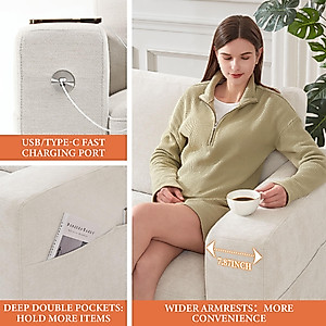 Ihanherry 89" Modern Sofa 3-Seats Couches for Living Room, Chenille Sofas with Extra Large Seat Width & Depth, USB/Type-C Charging Port & Side Pocket, Removable Medium Firm Sofa Cushion(Beige)