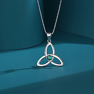 JIANGXIN Irish Celtic Triquetra Knot 925 Sterling Silver Created Emerald May Birthstone Pendant Necklace for Women Fine Jewelry Birthday Gift