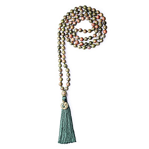 COAI OM Charm Hand Knotted Tassel Unakite Stone 108 Mala Beads Necklace 8mm
