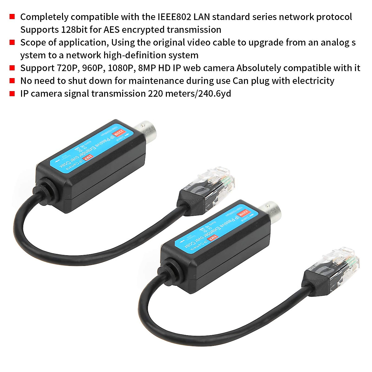 1 Pair Passive Ethernet Extender Over Coax IP Passive Extender Ethernet Over Coax Plug and Play Over for Web Camera