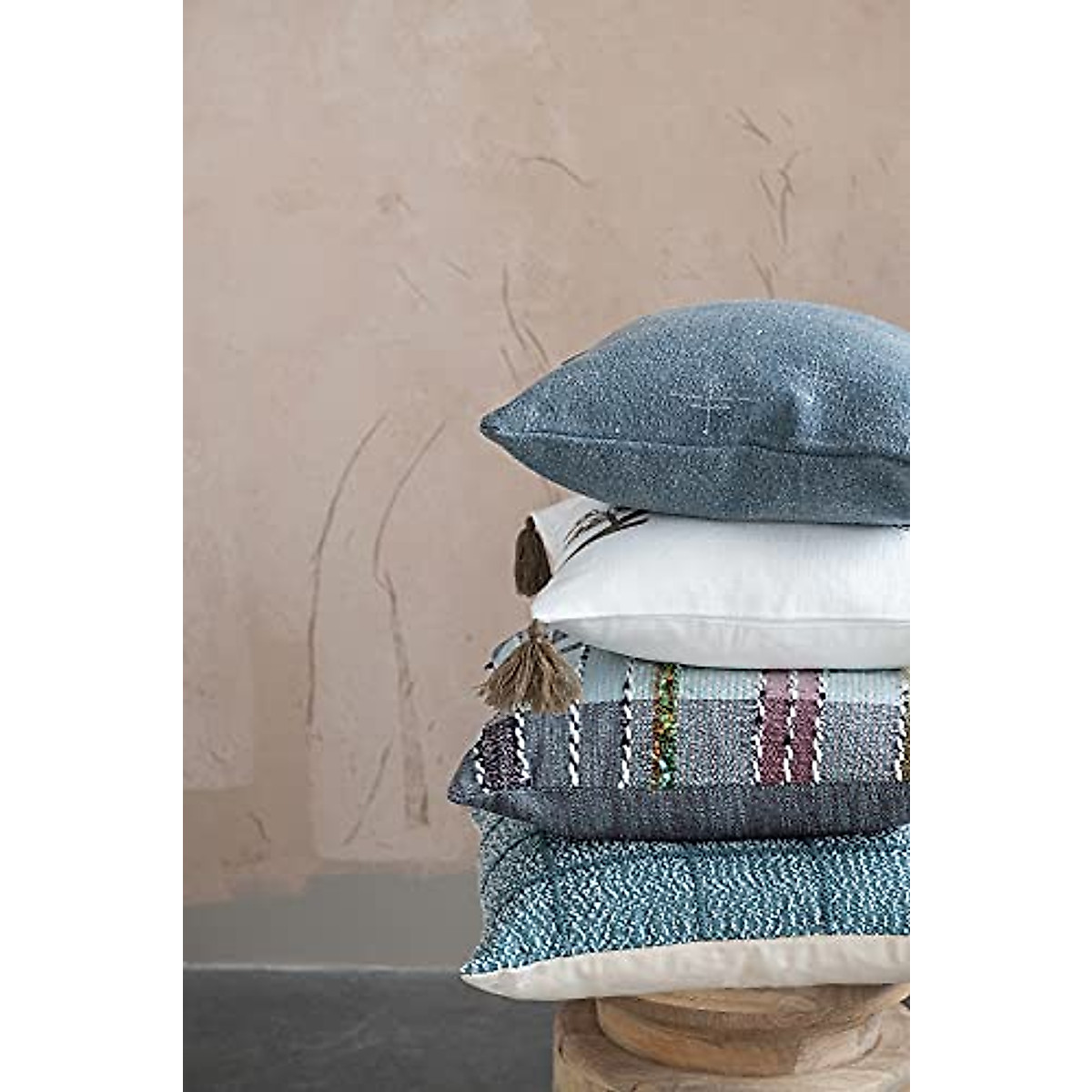 Creative Co-Op 18" Square Stonewashed Woven Cotton Embroidery Pillow, Blue & White