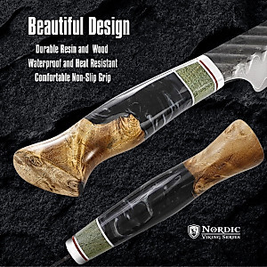 Nordic New Viking Series Professional 8 Inch Chef Knife, Damascus Chef Knife, 67 Layers, Hand Forged Chef Knife with Resin and Maple Wood Handle and Leather Sheath