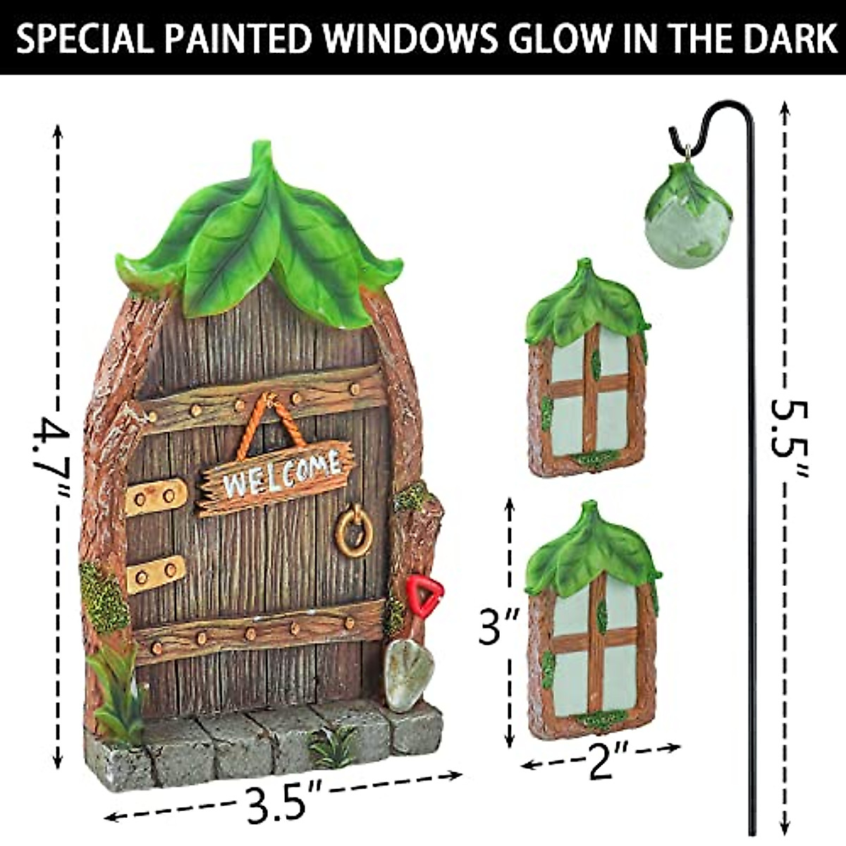 Fairy Door and Windows for Trees - Leaf Garden Gnomes Outdoor Decorations Kit, Yard Art Glow in The Dark, Miniature Fairy Garden Accessories Outdoor with Fairy Lantern