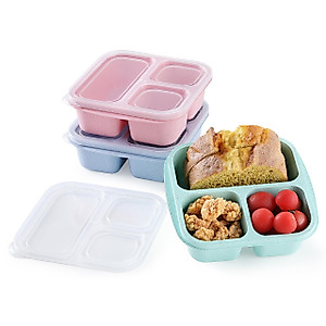 MONGSEW 3PCS Stackable Snack Box with 3 Compartments, Lunch Containers & Bento Box for Kids and Adults (3Pack, 3Colors)