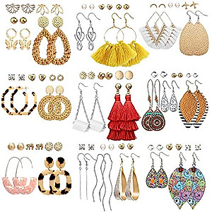 47 Pairs Fashion Earrings for Women Girls, Boho Statement Tassel Rattan Leather Earrings Butterfly Acrylic Hoop Stud Drop Dangle Earrings Set, Hypoallergenic for Sensitive Ears