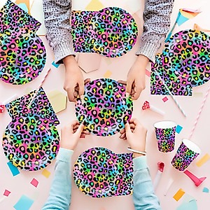 XIENBLOC 120pcs Neon Rainbow Leopard Birthday Party Supplies Plates Napkins Cheetah Girl's Sparkly Splatter Paper Tableware Set Disposable Cups Pink Forks 24 Guests
