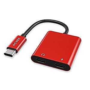 AGVEE S21 S20 Dual USB-C Headphones & Charging Adapter, Duo Type-C Audio Earbuds & PD Charger Splitter, USBC Earphone Jack Dongle for Samsung S21 S20, Note 20 10, iPad Pro, Pixel 2 3 4 5 XL, Red