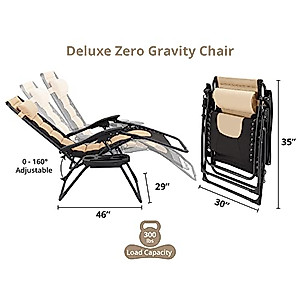 Naomi Home Oversized Zero Gravity Folding Lounge Chair, Padded Reclining Patio Chair with Adjustable Headrest and Cupholders, Recliner Beach Chairs for Adults Support 300lbs - Cream