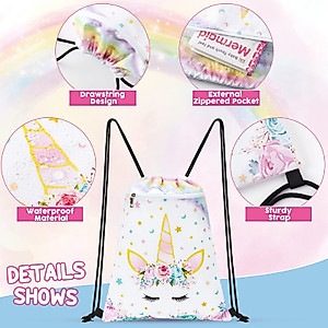 WAWSAM Rainbow Kids Drawstring Backpack - 13" x 18" Sports Gym Bag for Girls Waterproof Beach Swimming Travel Sackpack Birthday Christmas Gift with Zippered Pocket