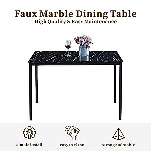 PEITAIKO 47.2" Rectangular MDF Dining Table/Mid Century Modern Metal Legs Kitchen Table (Imitation Marble) (MDF Board+Metal, Black Marble Effect)