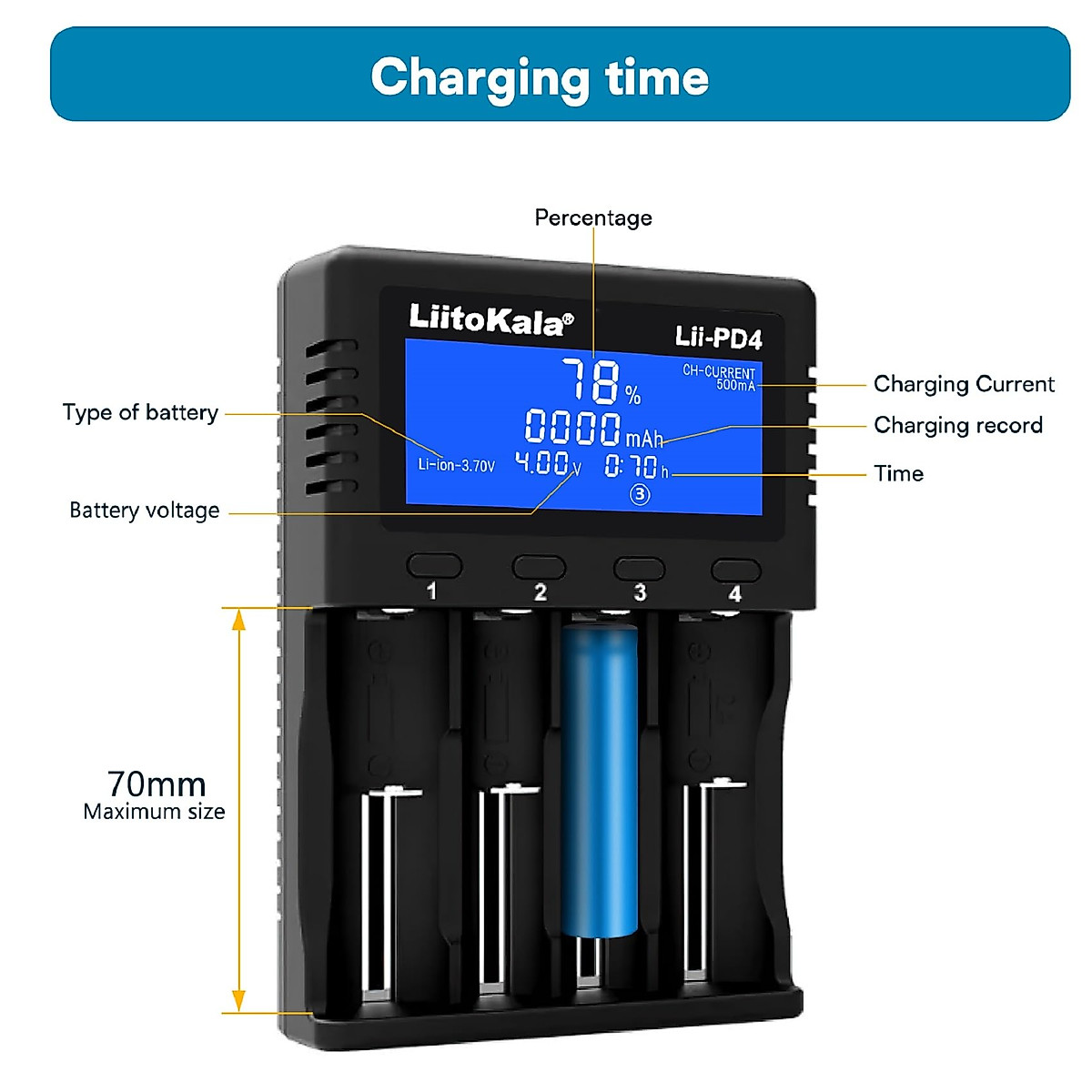 4 Bay Smart 18650 Charger with LCD Digital Display Universal Battery Charger for: 26650 20700 18650 18350 17670 17500 16340(RCR123) 14500 AA AAA SC C Batteries