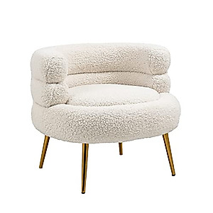 ZOBIDO Modern Accent Lambhair Chairs Comfy Upholstered Vanity Chairs for Bedroom Armchair Dining Chairs with Golden Metal Legs Desk Chair Single Person sofafor Living Room(White)