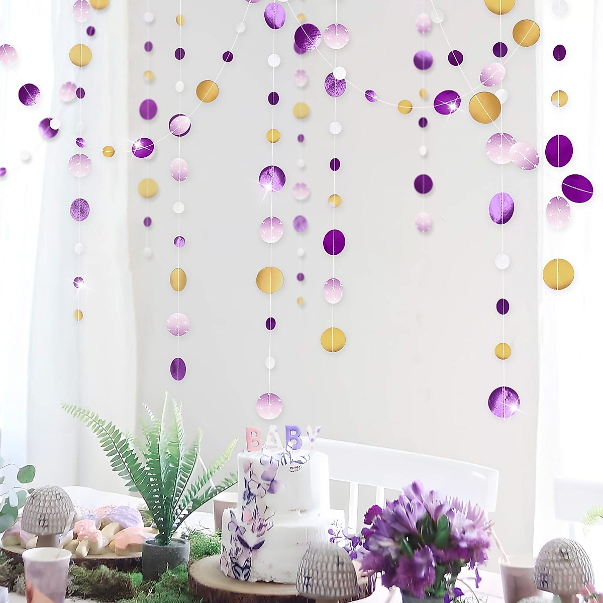 Cheerland Party Decorations Purple Circle Dot Garland Gold White Lavender Hanging Banner Streamer Backdrop Decor for Themed Birthday Wedding Bridal Baby Showers Party Supplies 46ft