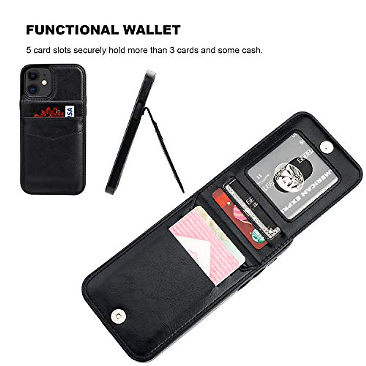 KIHUWEY Compatible with iPhone 12 Compatible with iPhone 12 Pro Case Wallet with Credit Card Holder, Premium Leather Magnetic Clasp Kickstand Heavy Duty Protective Cover 6.1 inch(Black)