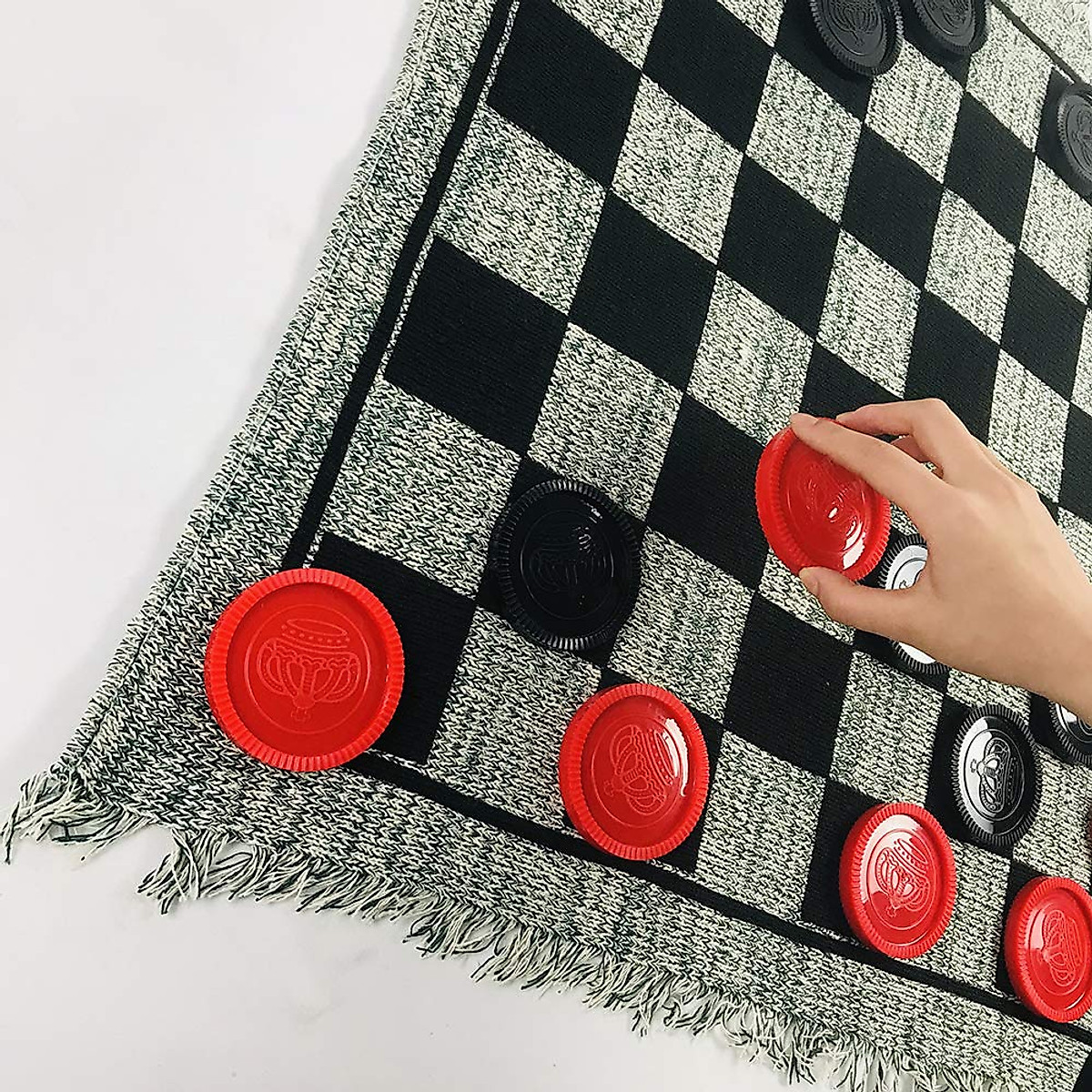 YH Poker 3 in 1 Giant Checkers Set and Tic Tac Toe Game with Reversible Rug - Indoor and Outdoor Board Game for Family, Great for Camping, Backyard, Lawn Game and Other Activities