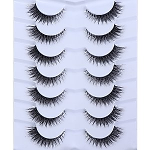 Wleec Beauty 12mm Cat Eye Eyeashes Clear Band 7 Pairs 3D Natural Wispy Lashes Fluffy Handmade Short Dramatic False Eyelash Pack CC67