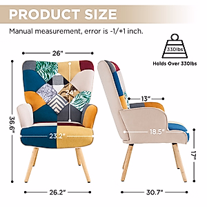 Fahomiss Accent Chair, Living Room Chair, Modern High Back Armchair, Colorful Patchwork Reading Chairs for Bedroom, Lounge Chair with Linen Fabric Shell and Solid Wood Feets (1, Colorful)