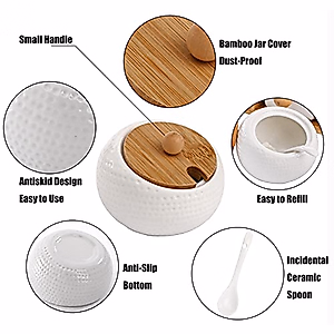 Yesland 6 Pcs Porcelain Condiment Jar Spice Container with Lid - 5.8 Oz Sugar Bowl Set with Spoons and Tiered Bamboo Display Rack - Pottery Cruet Pot for Sugar Serving Salt Coffee Tea, Label Included