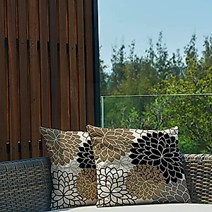 DFXSZ Outdoor Pillow Covers 18x18 inch Set of 2 Black Brown Summer Floral Outdoor Decorative Throw Pillows Flower Pillowcase Square Linen Cushion Case Decor for Home Sofa Couch Bed