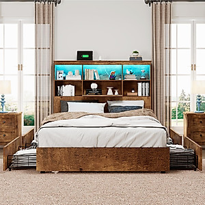 LUXOAK King Size Bed Frame with LED Bookcase Headboard, Wooden Storage Bed with Charging Station & 4 Drawers, No Box Spring Needed/Noise-Free/Rustic Brown