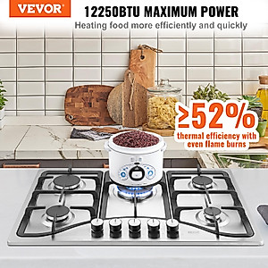 VEVOR 30-inch Gas Cooktop, 5 Burners Built-in Gas Stove Top, Max 12250BTU NG/LPG Convertible Stainless Steel Natural Gas Hob, with Thermocouple Protection for Camping, RV, Apartment