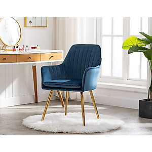 Artechworks Velvet Modern Living Dining Room Arm Chair for Home Office Club Leisure Guest Lounge Bedroom Upholstered with Gold Metal Legs, Blue, 1pcs Chair