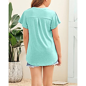 PLNOTME Girls' Summer Cute T Shirts Casual Short Sleeve V Neck Plain Tunic Tops Light Green