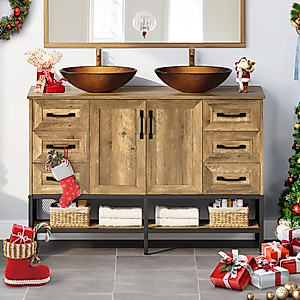 DWVO 48" Double Rustic Bathroom Vanity, Dark Brown Bathroom Vanity with Double Sink and Drawers Side Cabinet Combo Set & Shelf, Iron Wood Bathroom Cabinet with Boat Tempered Glass Vessel Sink