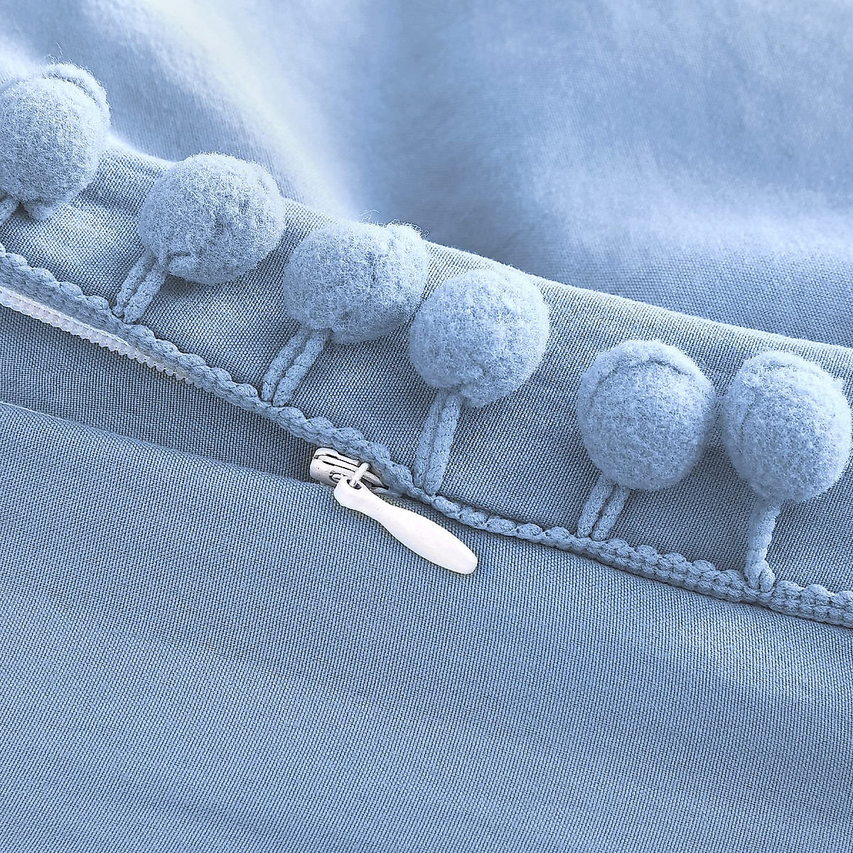 Pom Pom Duvet Cover Queen Size, Soft Washed Microfiber Duvet Cover Set, 3 Pieces Boho Duvet Cover Set with Zipper Closure, Dusty Blue, 90x90 inches