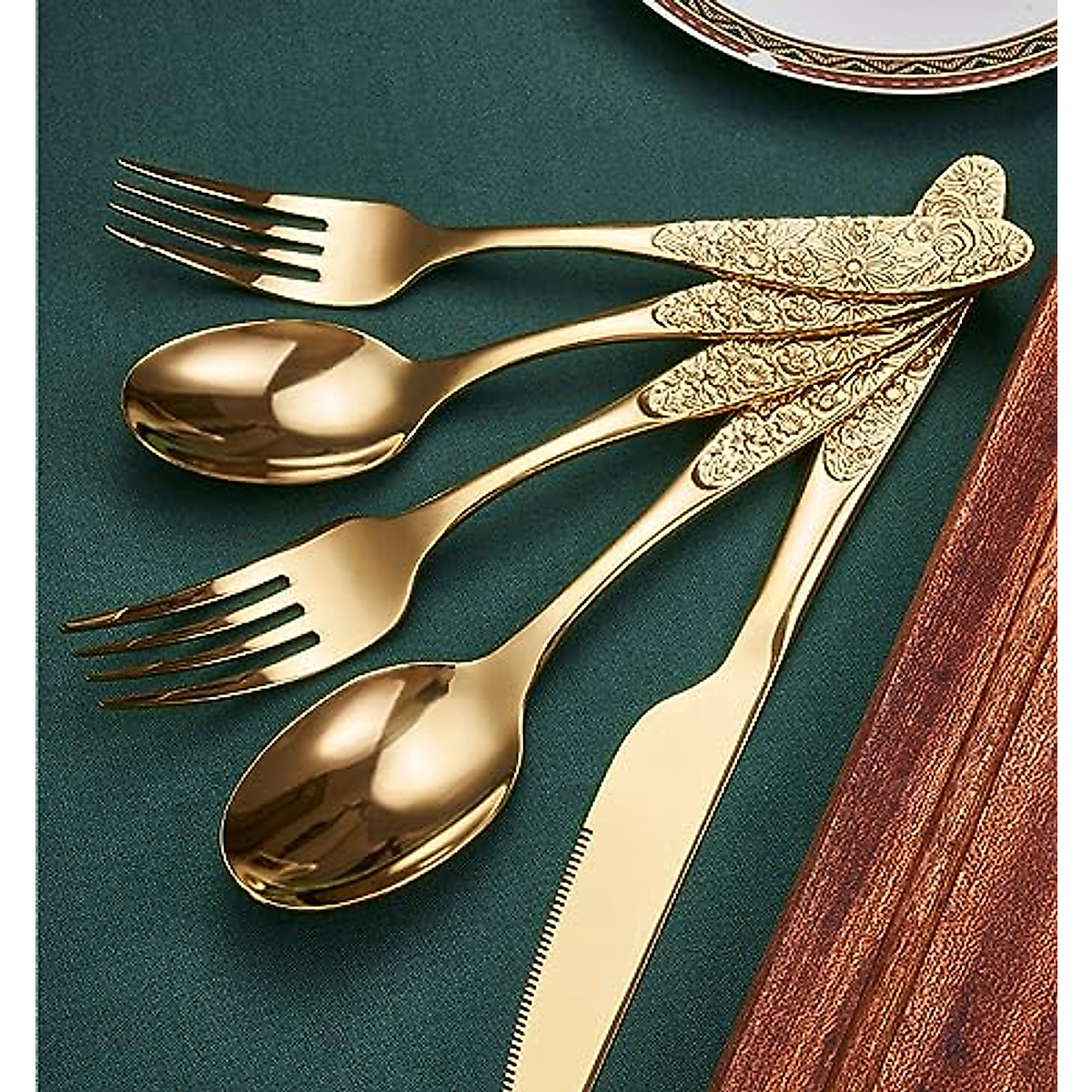 Taiyoko Silverware Set Flatware 32-Piece Retro Cutlery，Mirror Polished，Stainless Steel，Kitchen Utensils Tableware Service with Steak Knives Dinner Fork Knife Spoon